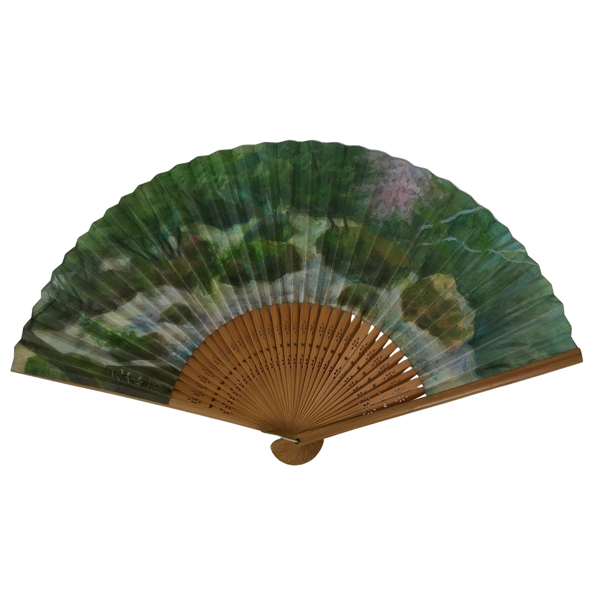 Japanese Paper Folding Fan Vtg Sensu Bamboo Frame River Cherry Blossom ...