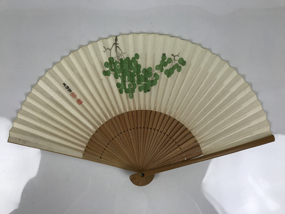 Japanese Paper Folding Fan Vtg Sensu Bamboo Frame White Green Sansho B ...