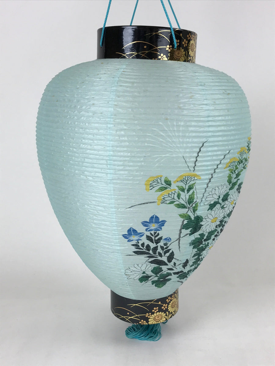 Japanese Paper Hanging Chochin Lantern Vtg Flowers Blue Tassel Black G ...