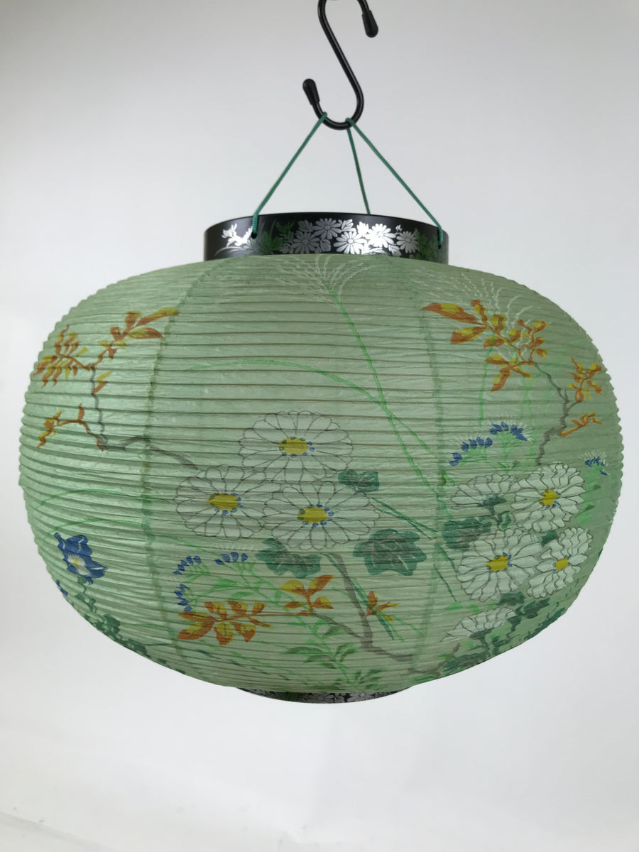 Japanese Paper Hanging Lantern Vtg Obon Flowers Chrysanthemum Green De ...