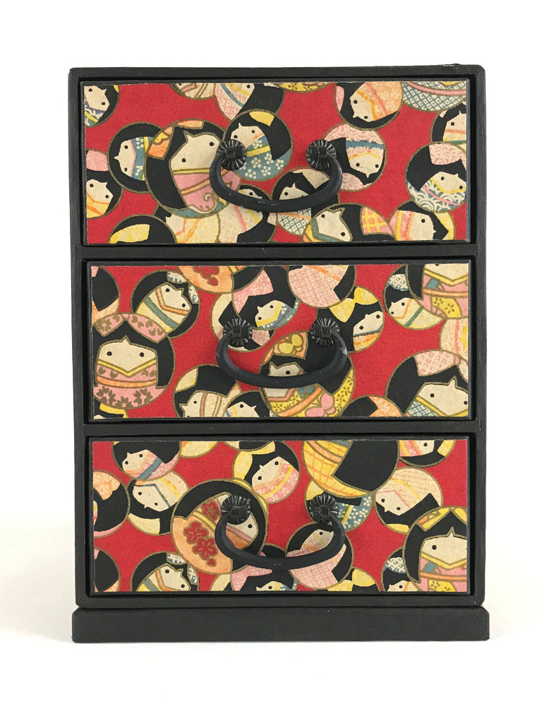 Japanese Paper Sewing Box Haribako Vtg Tansu Chest 3 Drawers Red Kimon ...