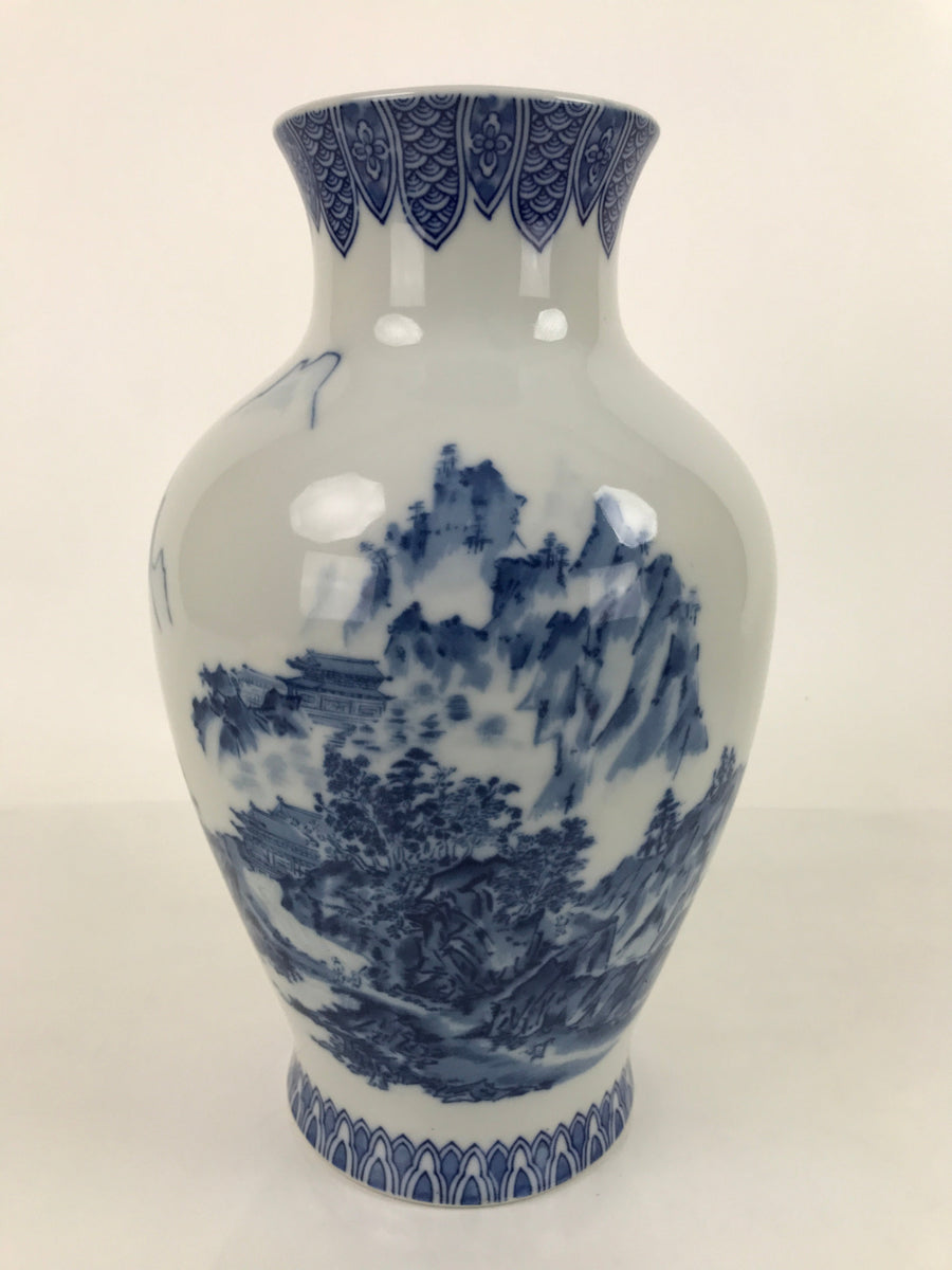 Japanese Porcelain Flower Vase Vtg Ikebana Kabin Landscape White Blue ...