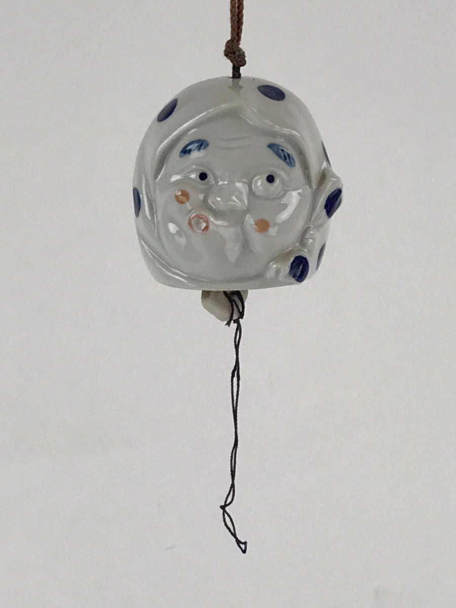 Japanese Porcelain Furin Wind Chime Vtg White Blue String Okame Hyotto ...