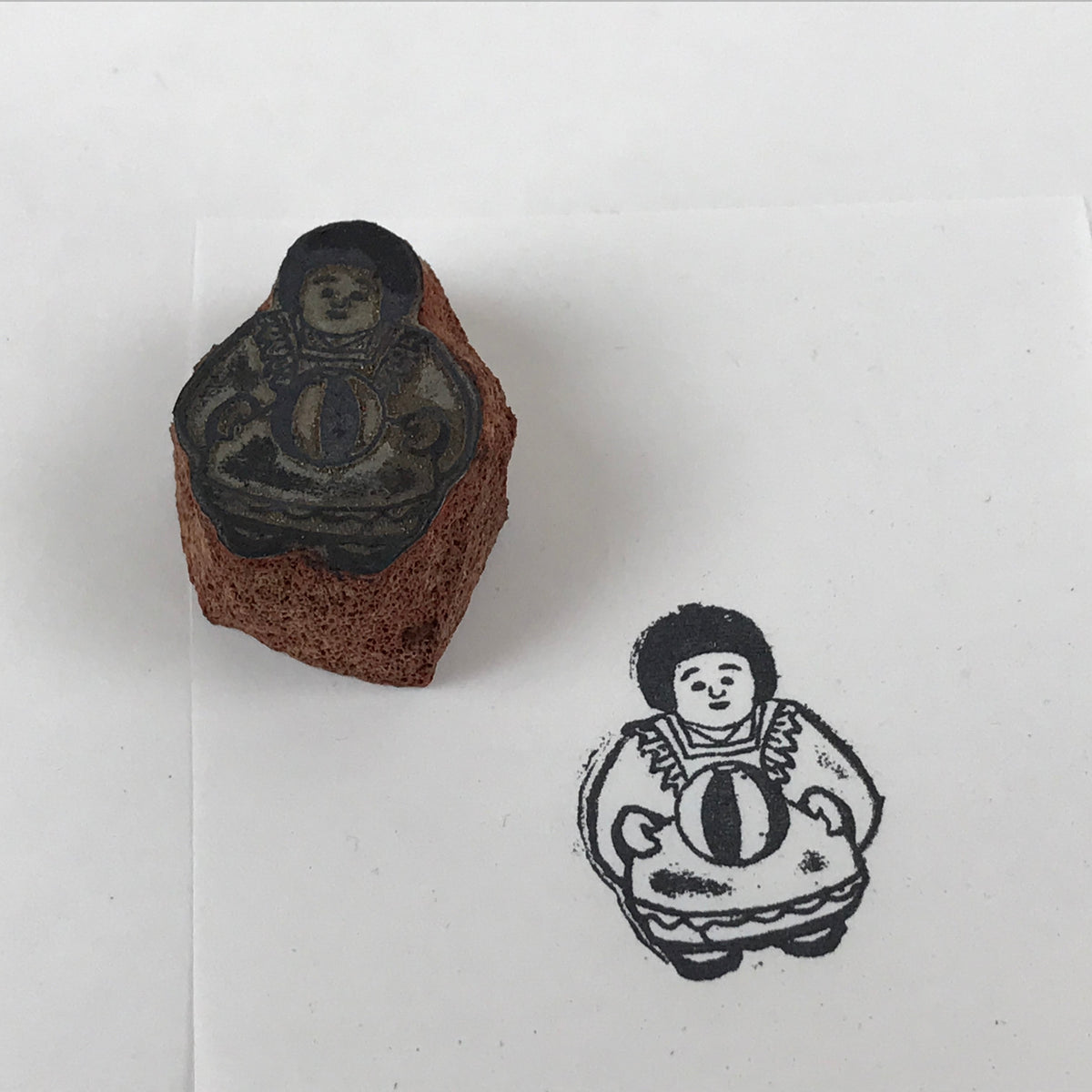 Japanese Rubber Stamp Woman With Apron And Ball Vtg Sponge Base Statio ...