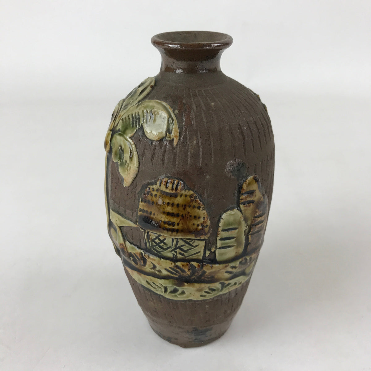 Japanese Sake Bottle Ceramic Tokkuri Vtg Tropical Village Palm Tree Br ...