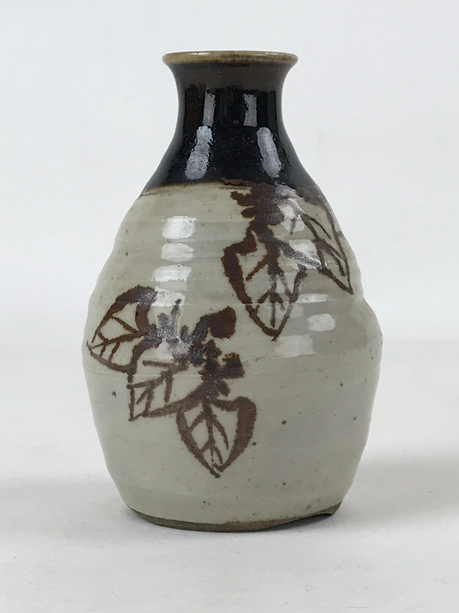 Japanese Small Sake Bottle Ceramic Tokkuri Vtg Gray Brown Leaves Desig ...