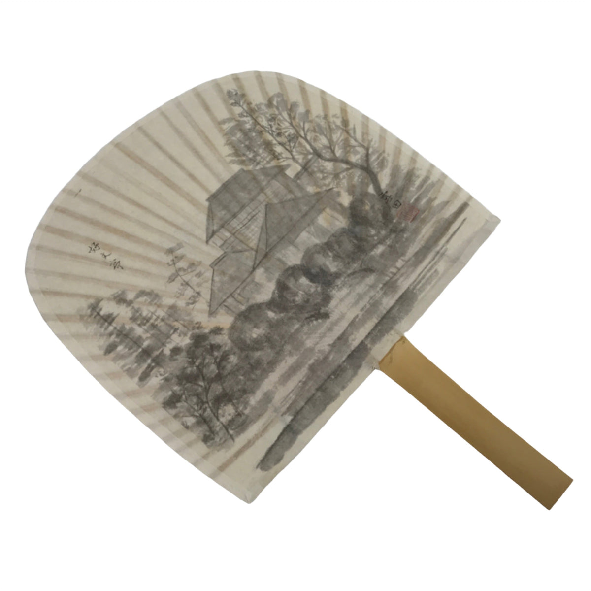 Japanese Washi Paper Fan Sesson Uchiwa Vtg Bamboo Frame Koubuntei Vill ...