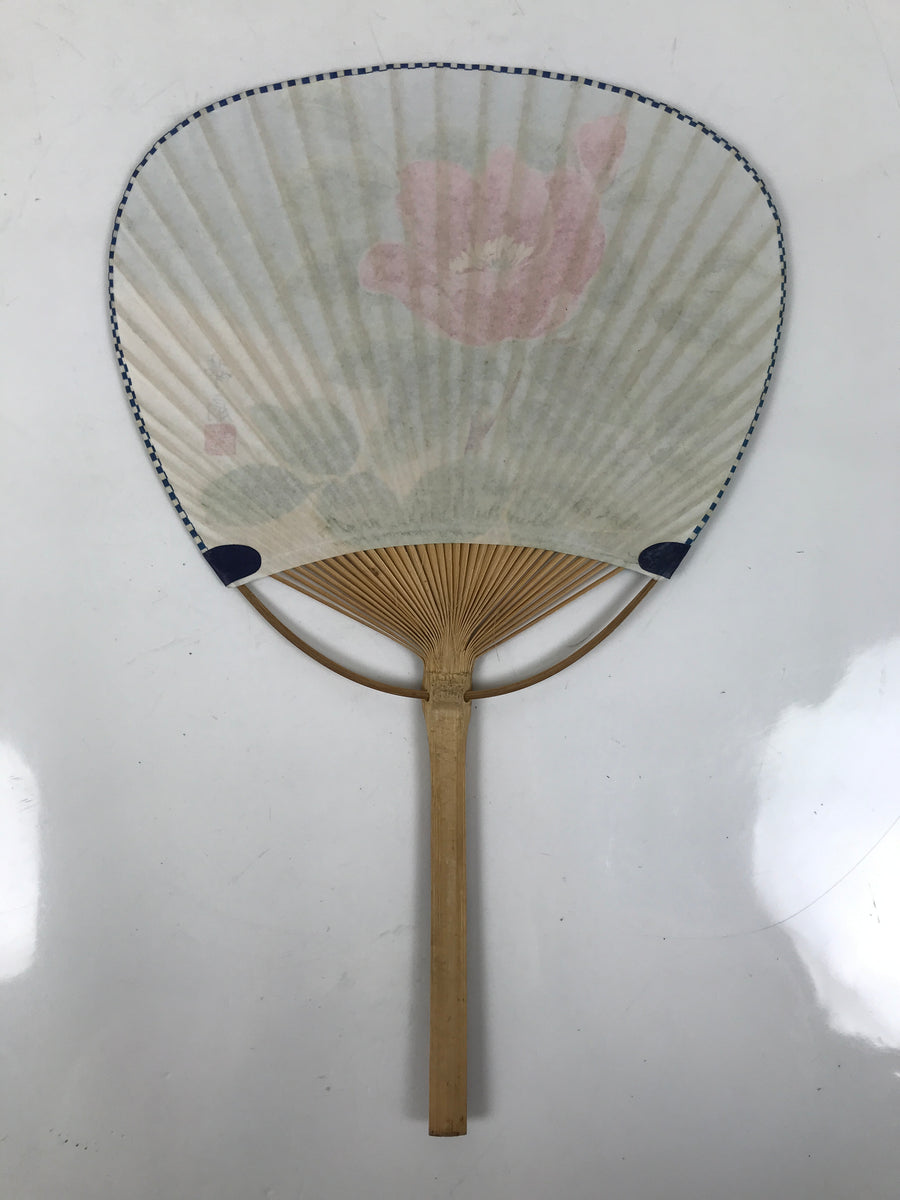 Japanese Washi Paper Fan Uchiwa Bamboo Frame Vtg Camellia Tsubaki Red ...
