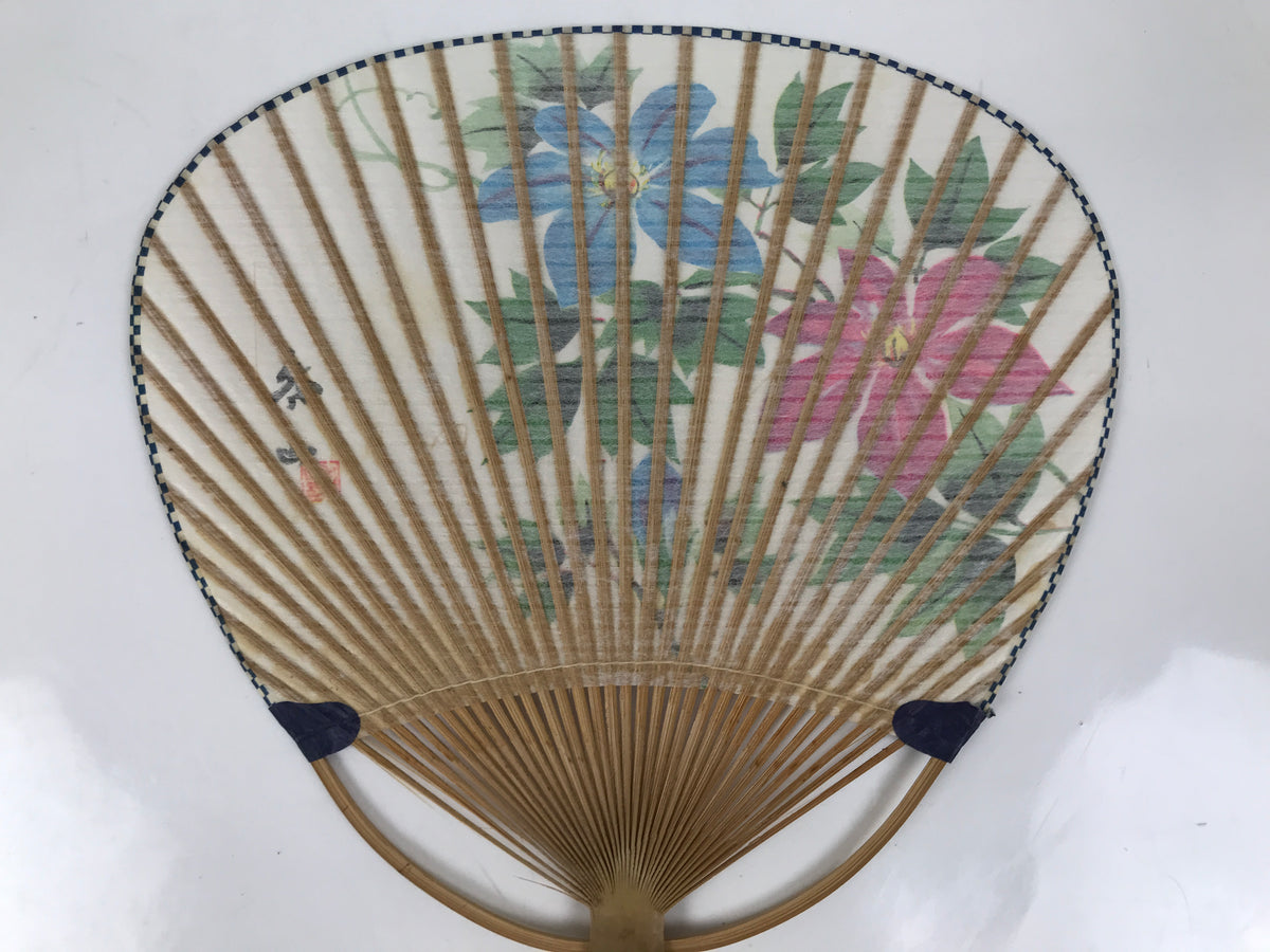 Japanese Washi Paper Fan Uchiwa Bamboo Frame Vtg Red Blue Flowers Kara ...