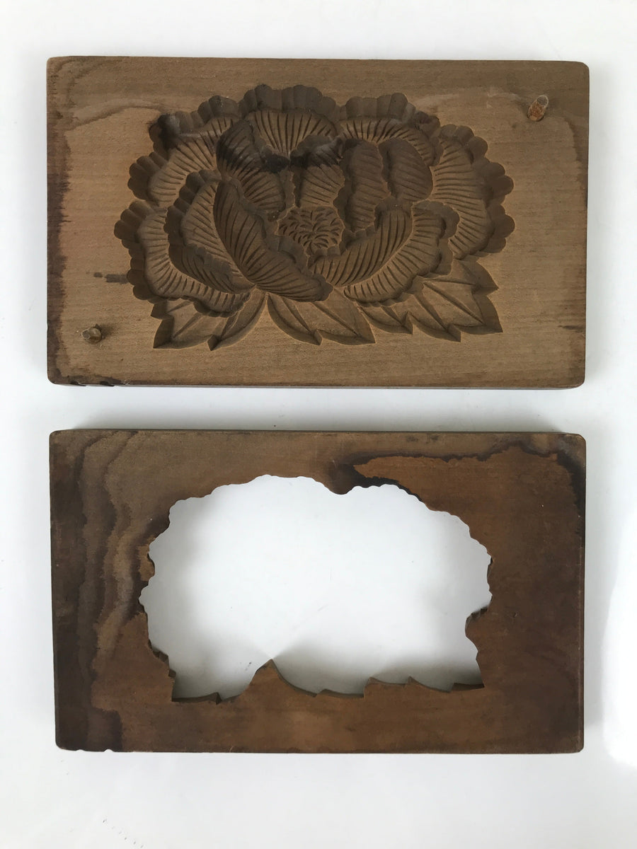 Japanese Wood Carved Kashigata Cake Mold Vtg Sweet Wagashi Peony Botan ...