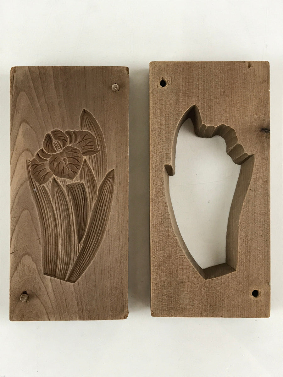 Japanese Wooden Carved Kashigata Cake Mold Vtg Sweet Wagashi Iris Flow ...