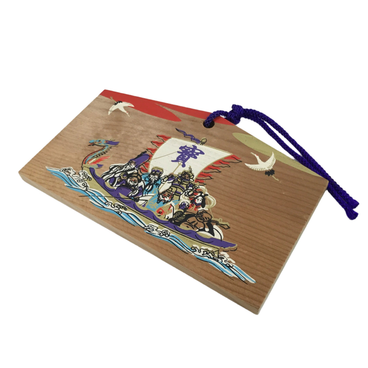 Japanese Wooden Shinto Ema Plaque Vtg Seven Gods Crane Lucky Treasure ...