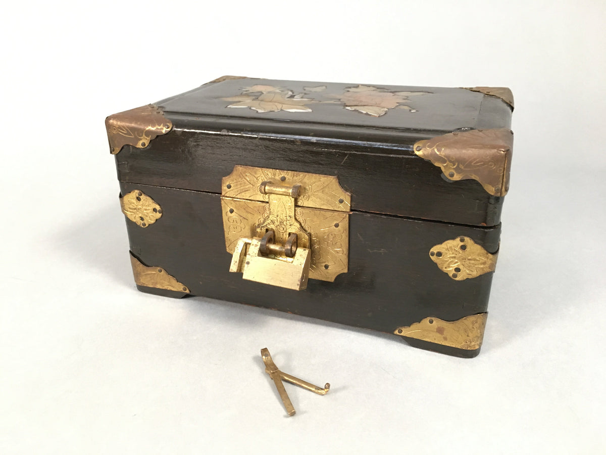 Antique Japanese Wooden Jewelry Box 1900 Shell Inlay Lock Key Embroide ...