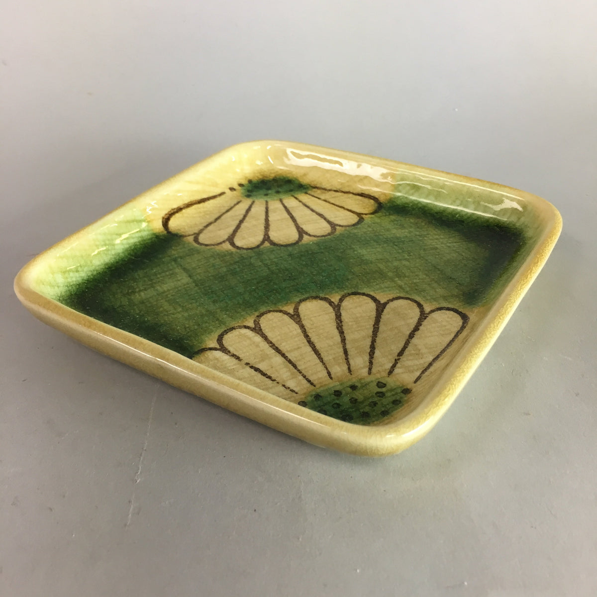 Japanese Ceramic Square Plate Vtg Ki Seto ware Pottery Floral Green QT ...