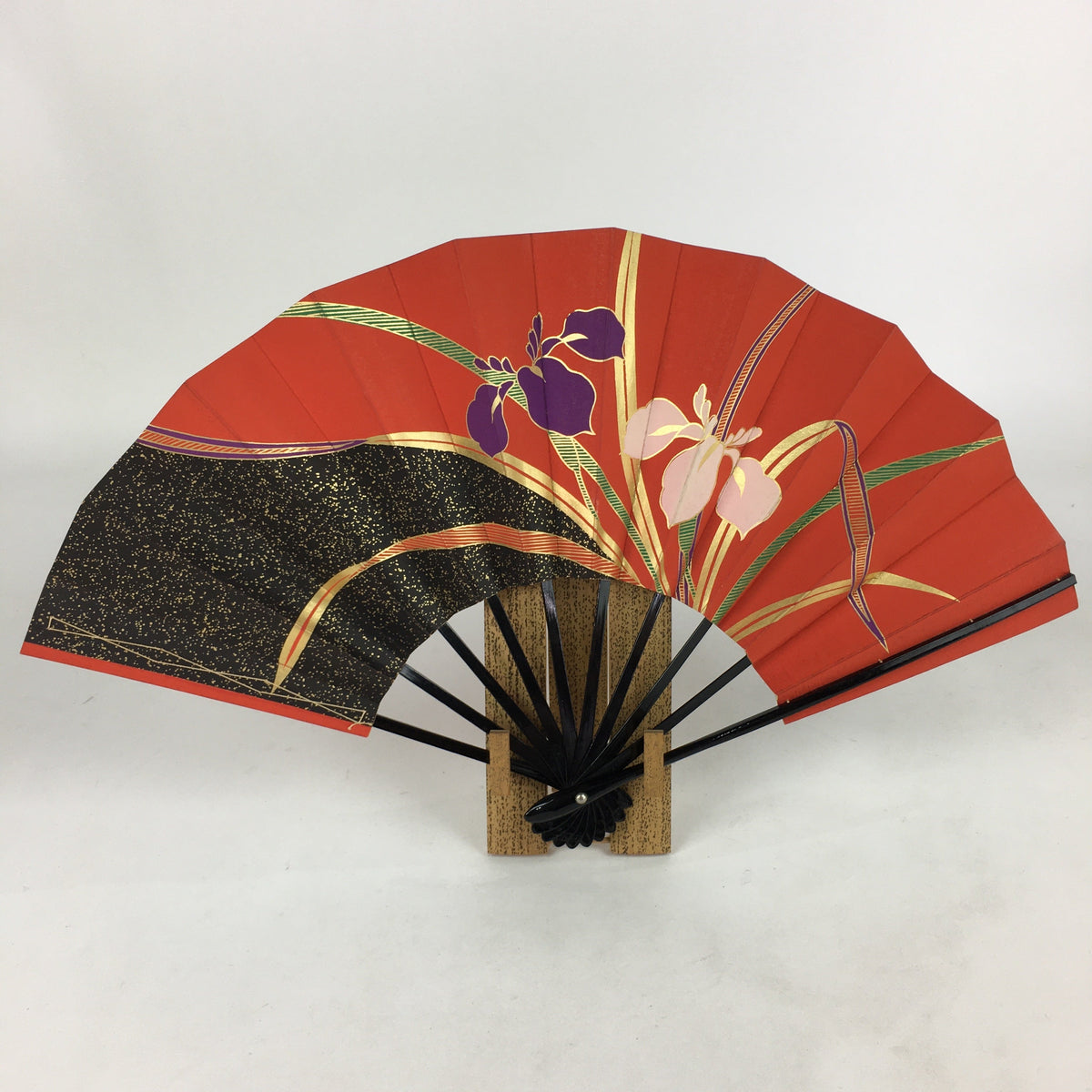 Japanese Folding Fan Stand Set Vtg Sensu Bamboo Frame Paper Iris 4D636 ...