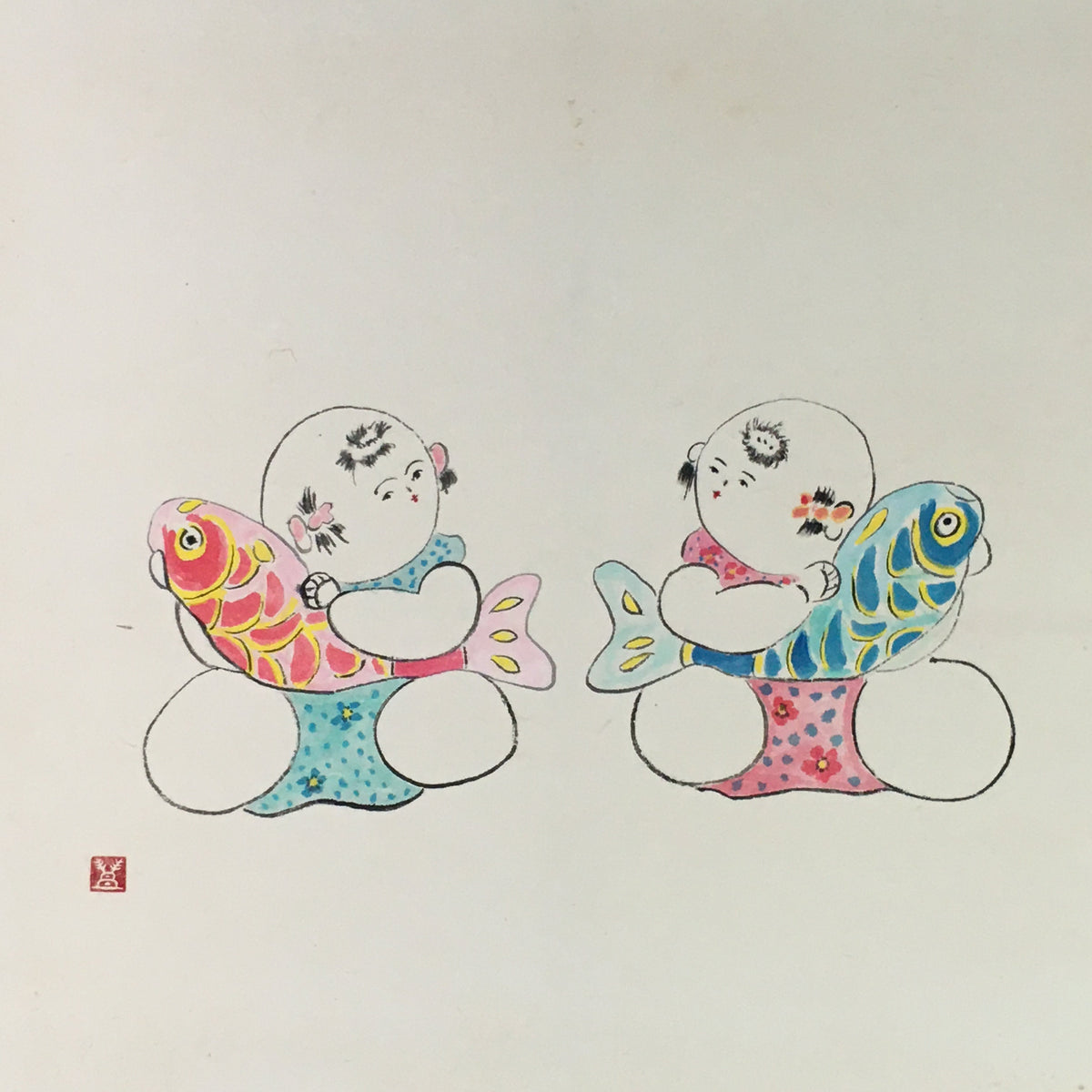 Japanese Hanging Scroll Vtg Kakejiku Kakemono Baby Red Blue Fish SC731 ...