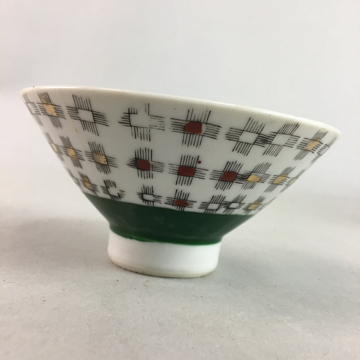 Japanese Porcelain Rice Bowl Vtg Chawan Plus Sign Plaid Gold Green Ari ...
