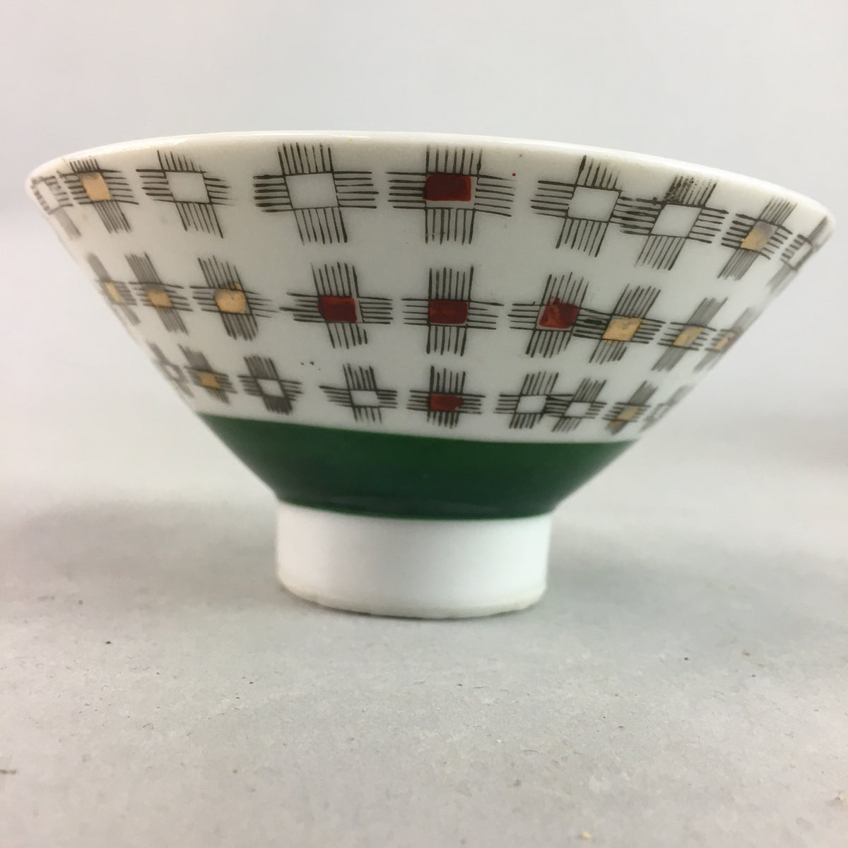 Japanese Porcelain Rice Bowl Vtg Chawan Plus Sign Plaid Gold Green Ari ...