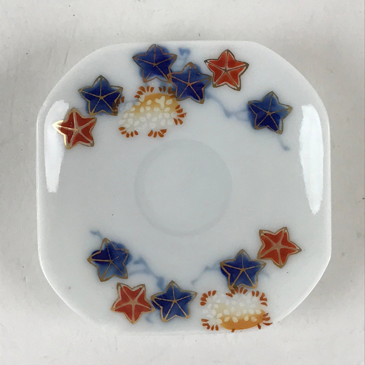 Japanese Porcelain Small Plate Mame-Zara Vtg Blue Red Stars Kozara Whi ...