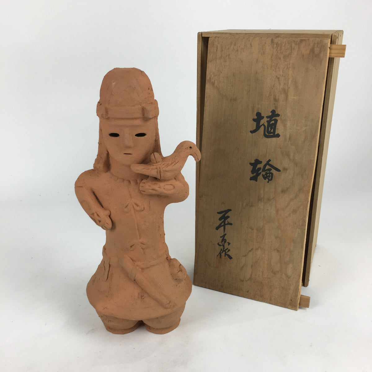 Japanese Pottery Doll Haniwa Statue Vtg Wooden Box Soldier Brown PX598 ...
