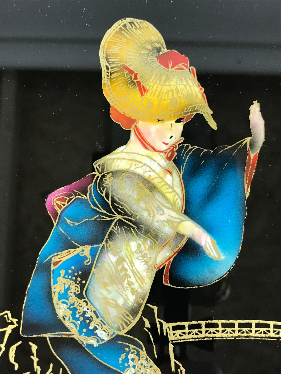 Japanese Raden Shell Work Picture In A Wooden Frame Vtg Wall Hanging A ...