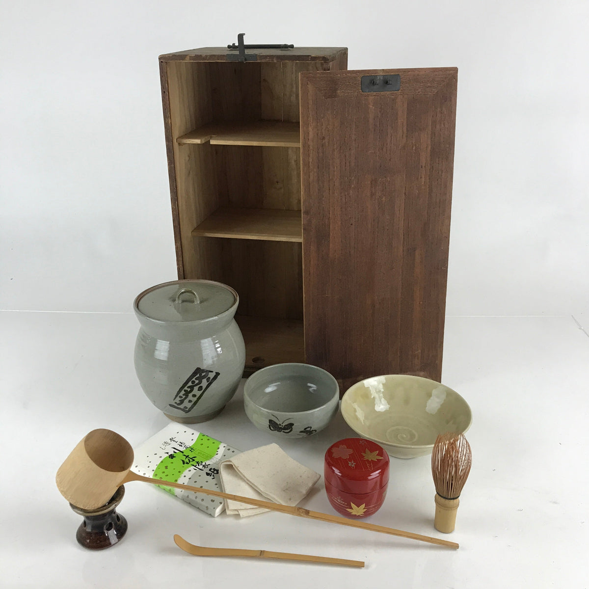 Japanese Tea Ceremony Set Chabako Wooden Box Vtg Pottery Chawan Sado P ...