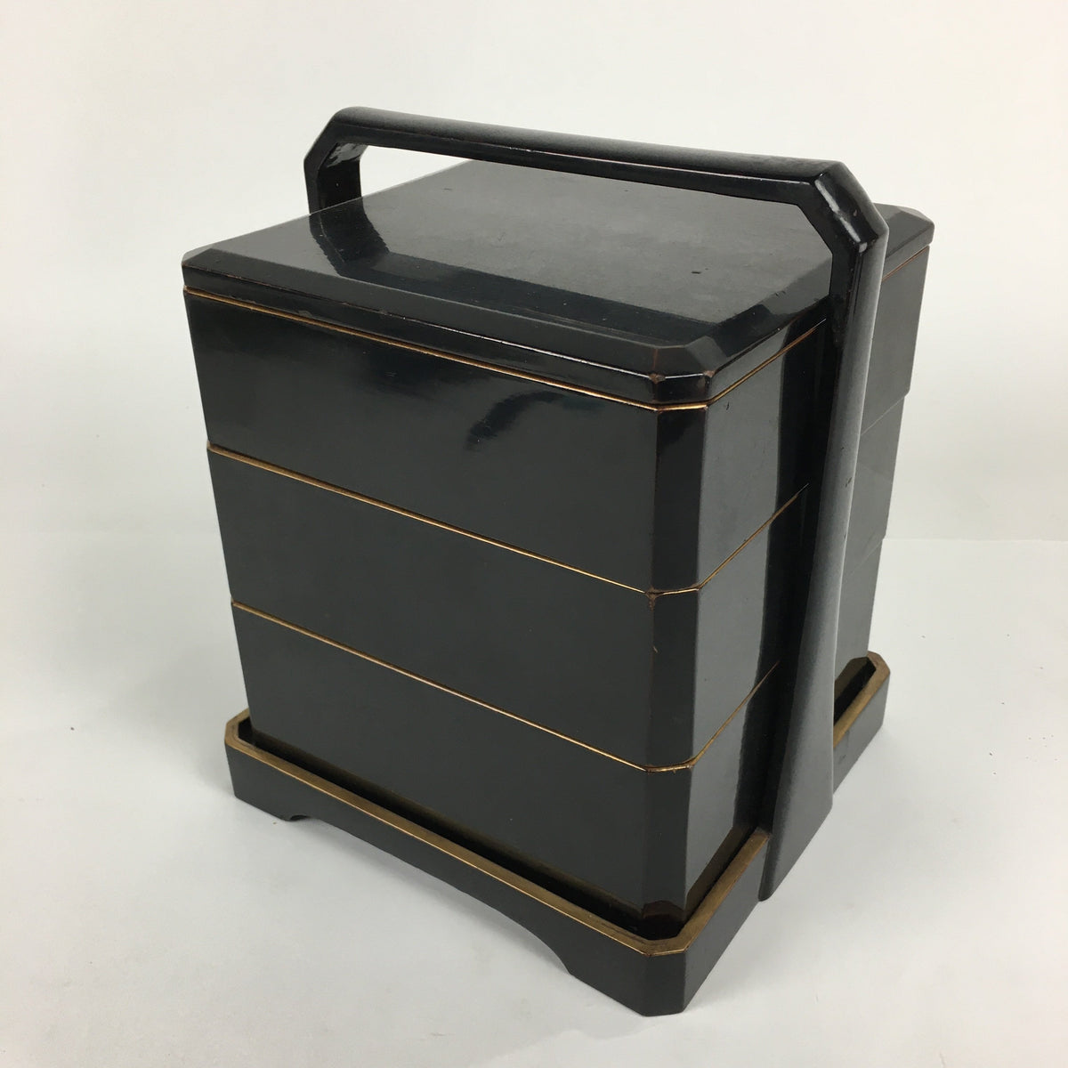 Japanese Wooden Lacquer ware Bento Box Vtg Jubako 3 Tier Black Gold JB ...